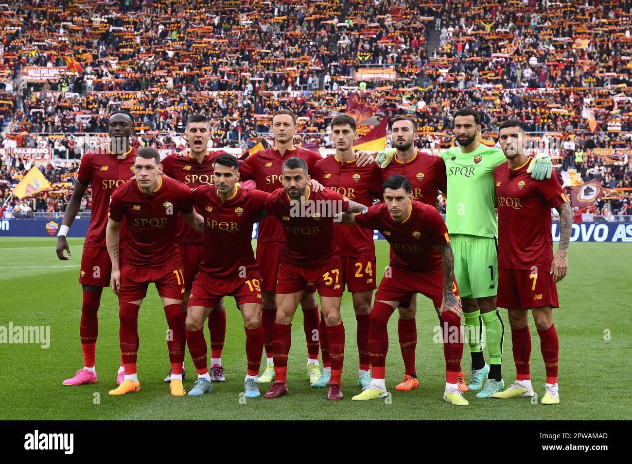 Rome, Italy. 29th Apr, 2023. A.S. Roma line up for a team photograph ...