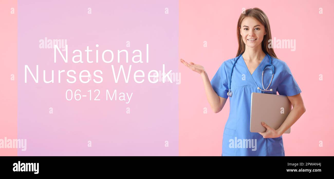 Female medical worker with laptop on pink background. National Nurses ...