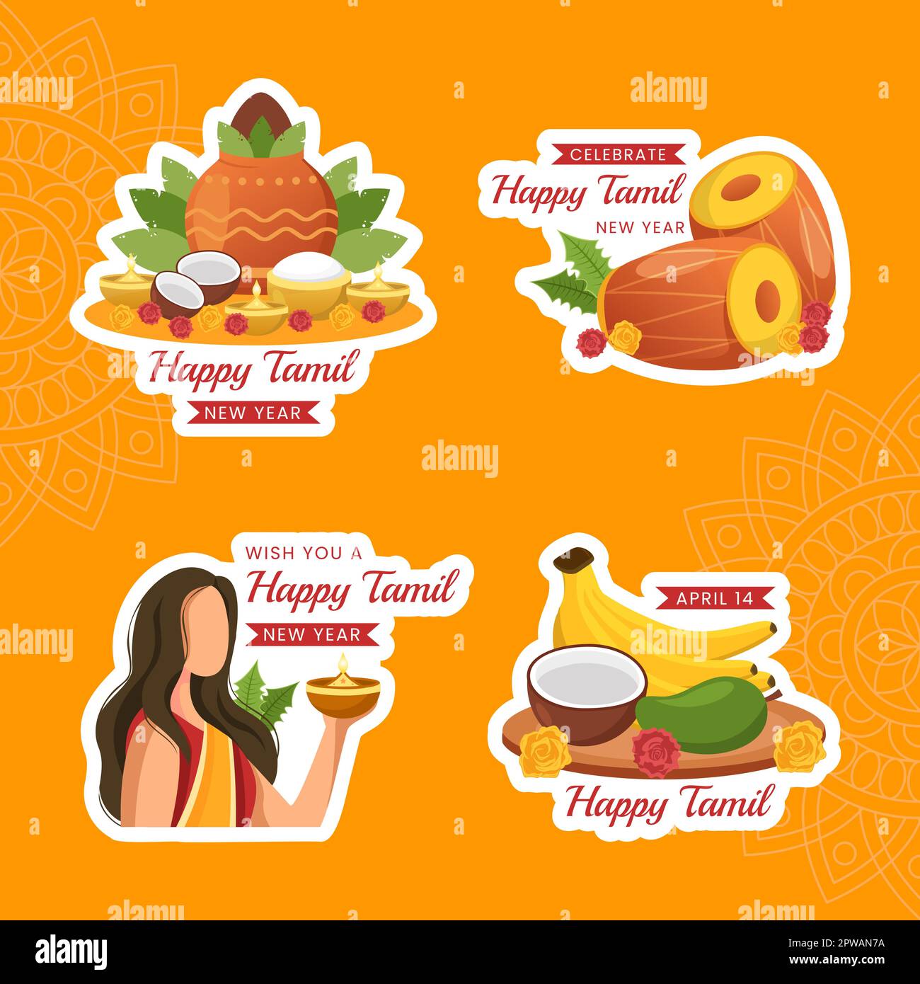 Happy Tamil New Year Label Flat Cartoon Hand Drawn Templates Background ...