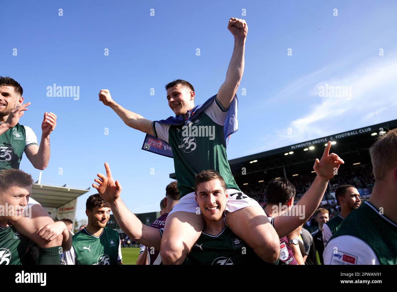 Plymouth Argyle's Adam Randell celebrates his sides promotion to the ...