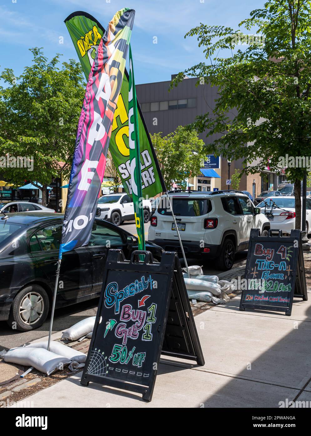 Flags outside of a CDB and vape shop on Forbes Avenue in the Squirrel Hill neighborhood of ...