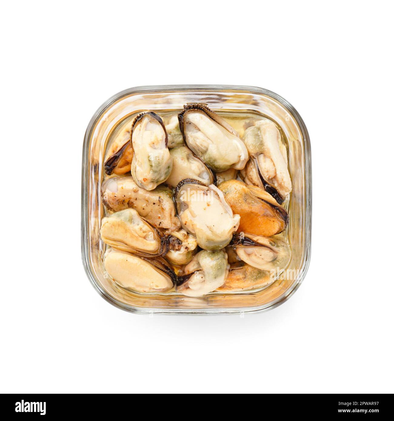 Marinated mussels in glass bowl on white background Stock Photo - Alamy