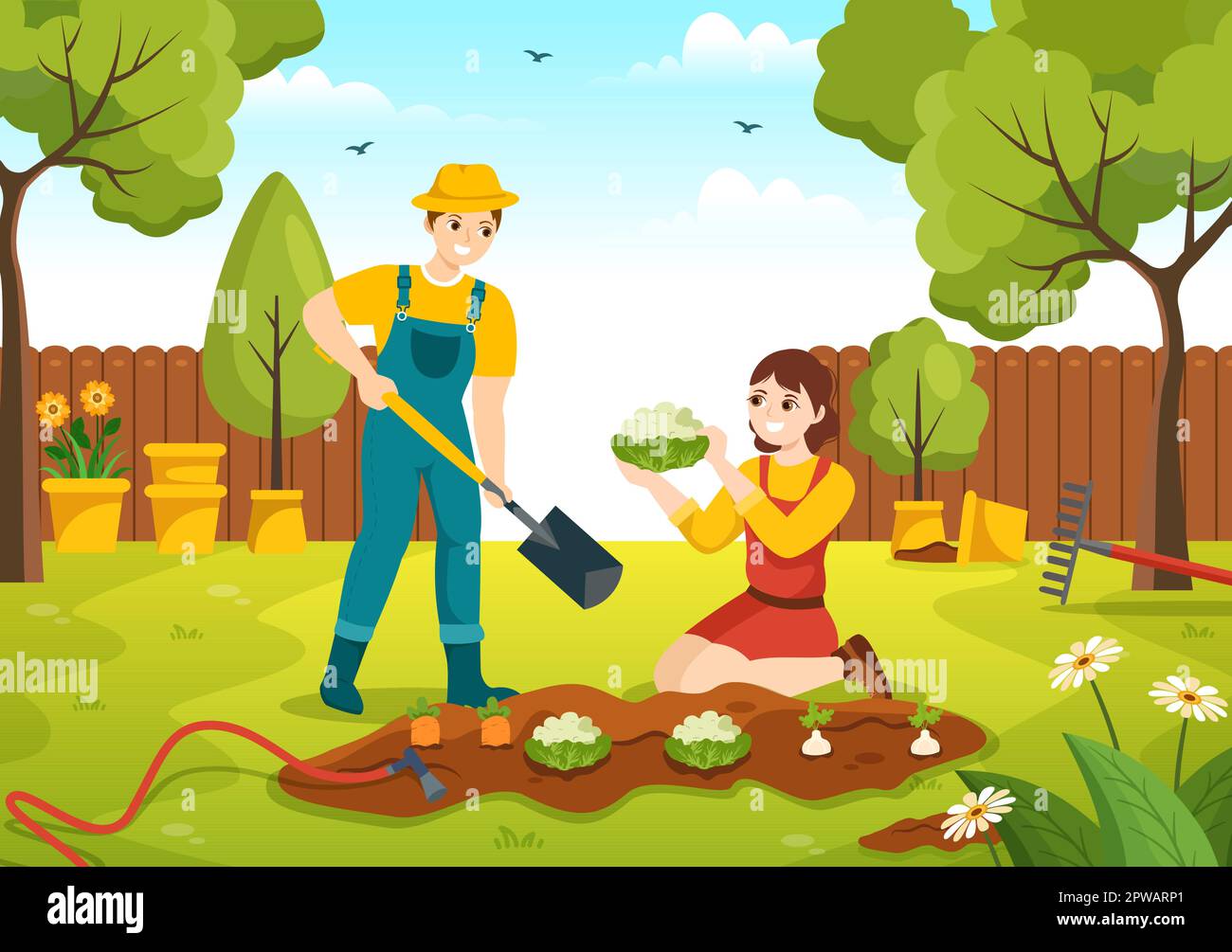 Gardener Illustration with Garden Tools, Farming, Grows Vegetables in ...