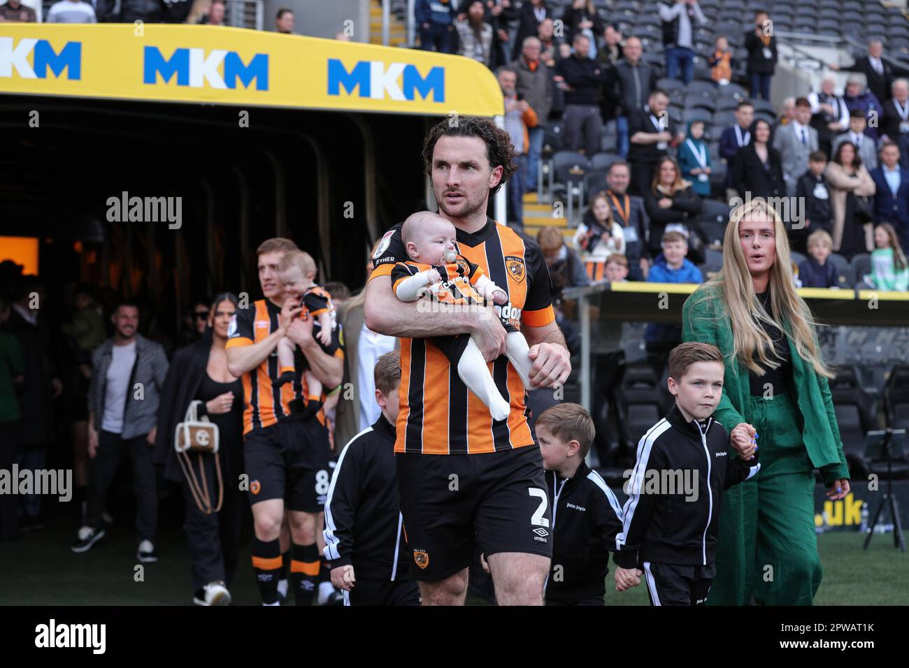 Hull, UK. 29th Apr, 2023. Lewie Coyle #2 of Hull City completes the lap ...