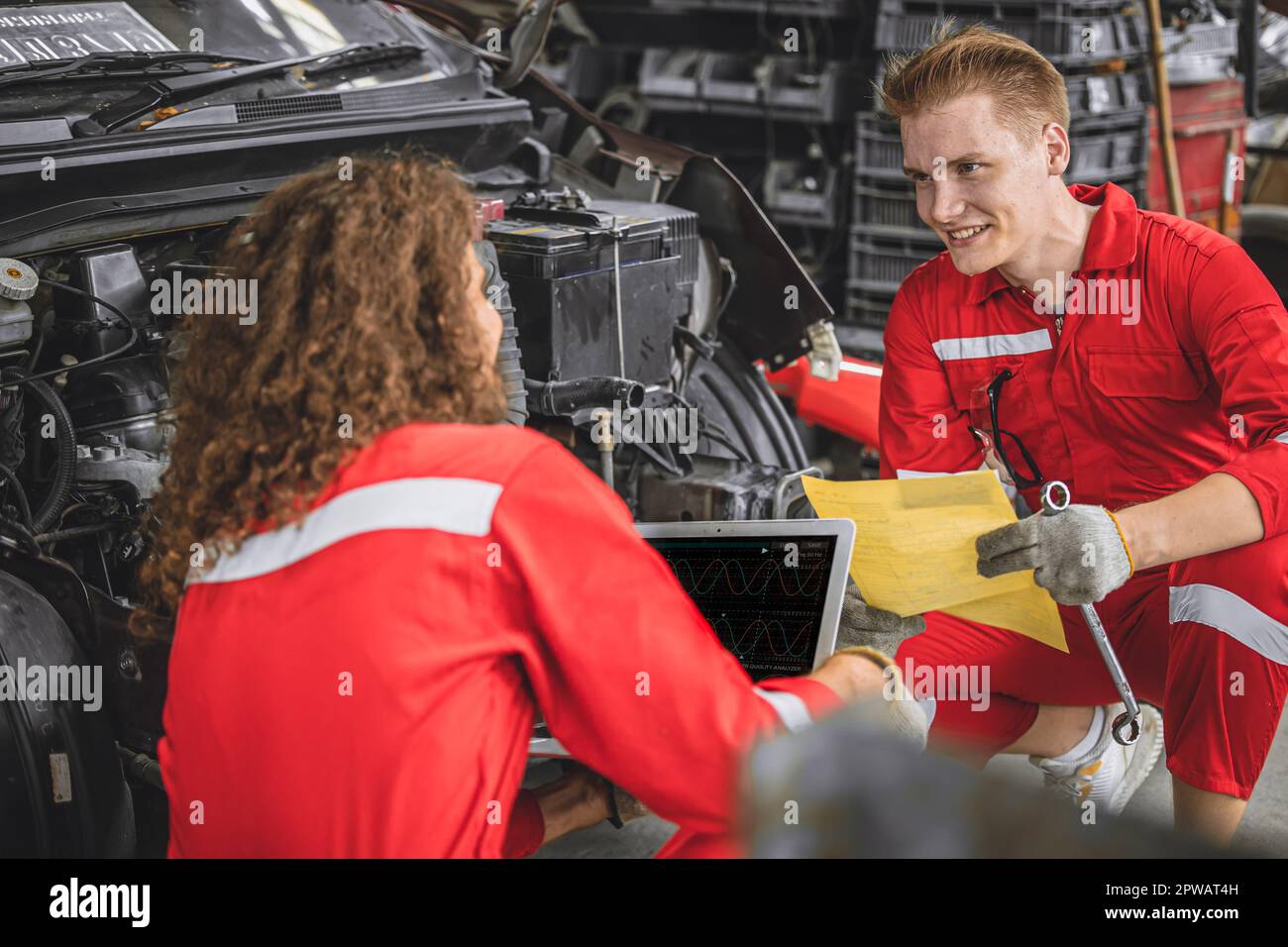 Mechanic male team staff worker working together happy smiling with car ...