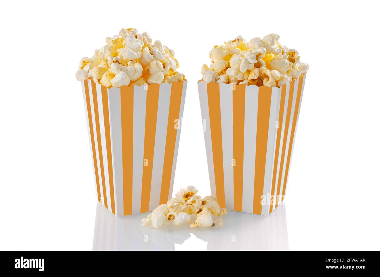 Two yellow white striped carton buckets with tasty cheese popcorn ...
