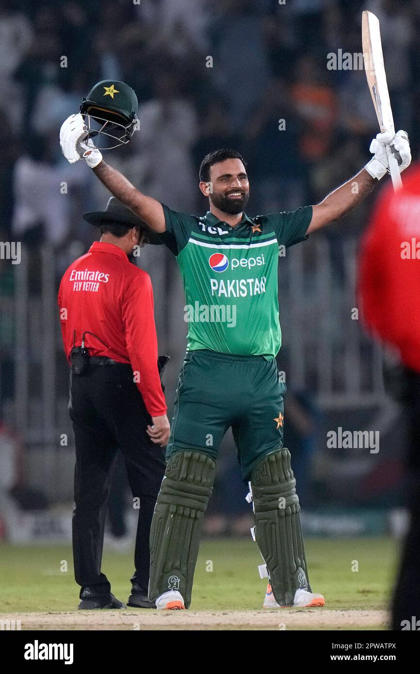 Pakistan's Fakhar Zaman celebrates after scoring century during the ...