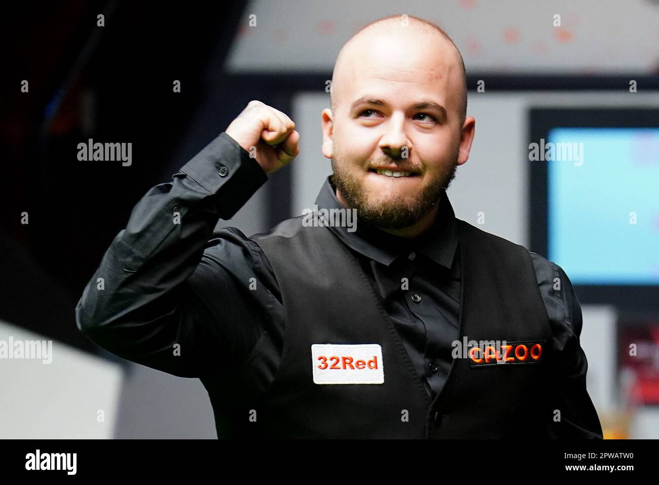 Luca Brecel reacts after winning his match against Si Jiahui (not ...