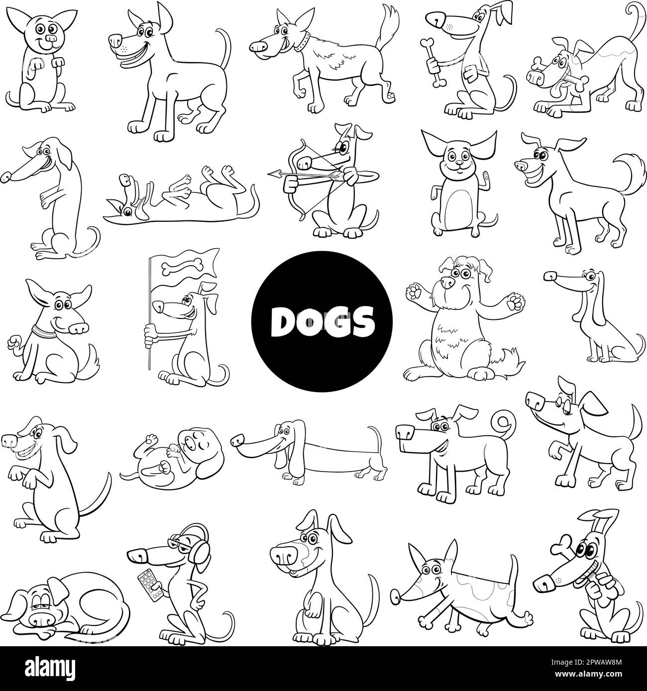 cartoon dogs and puppies characters set coloring page Stock Vector ...