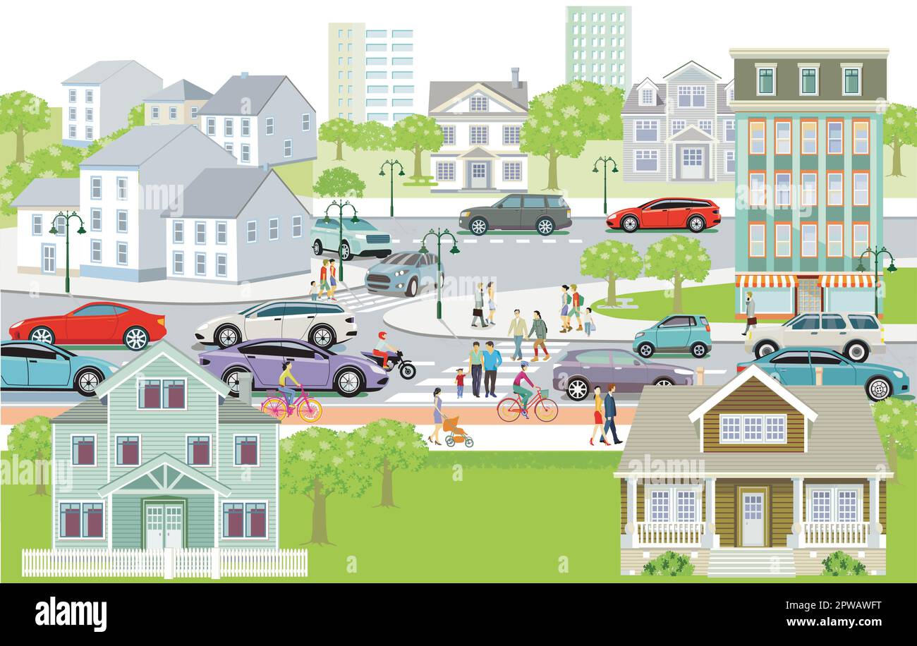 City silhouette in suburbia, with pedestrians in residential area and ...