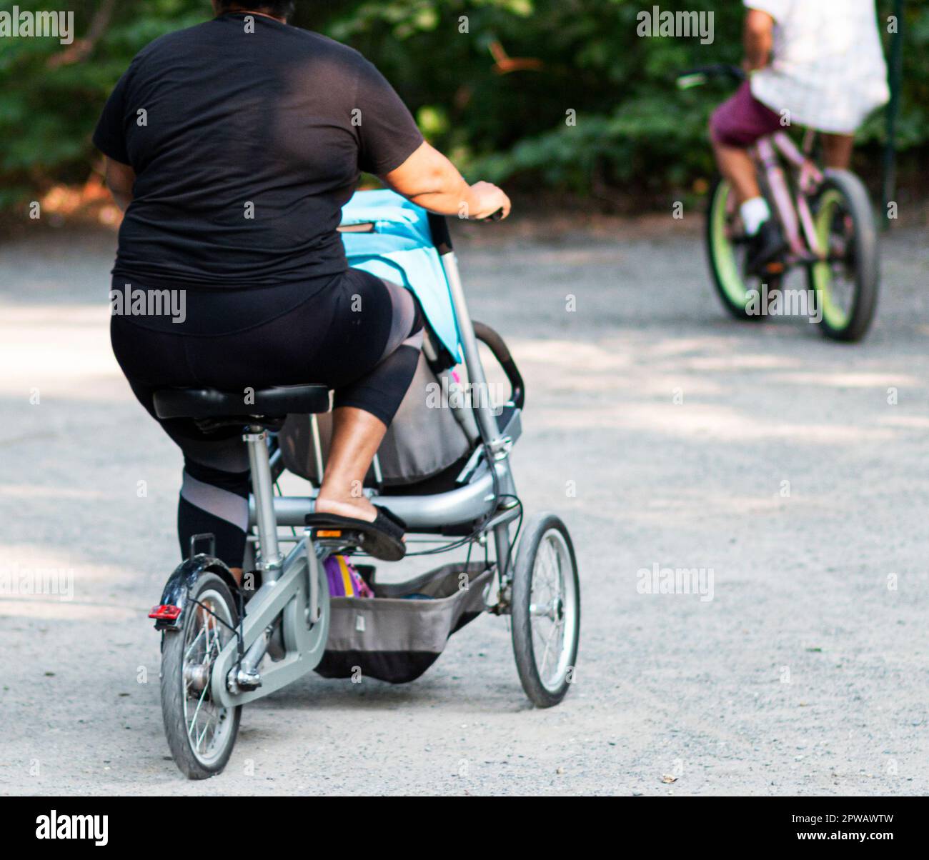 Woman riding a bicycle stroller with her child on a path in the Belmont ...