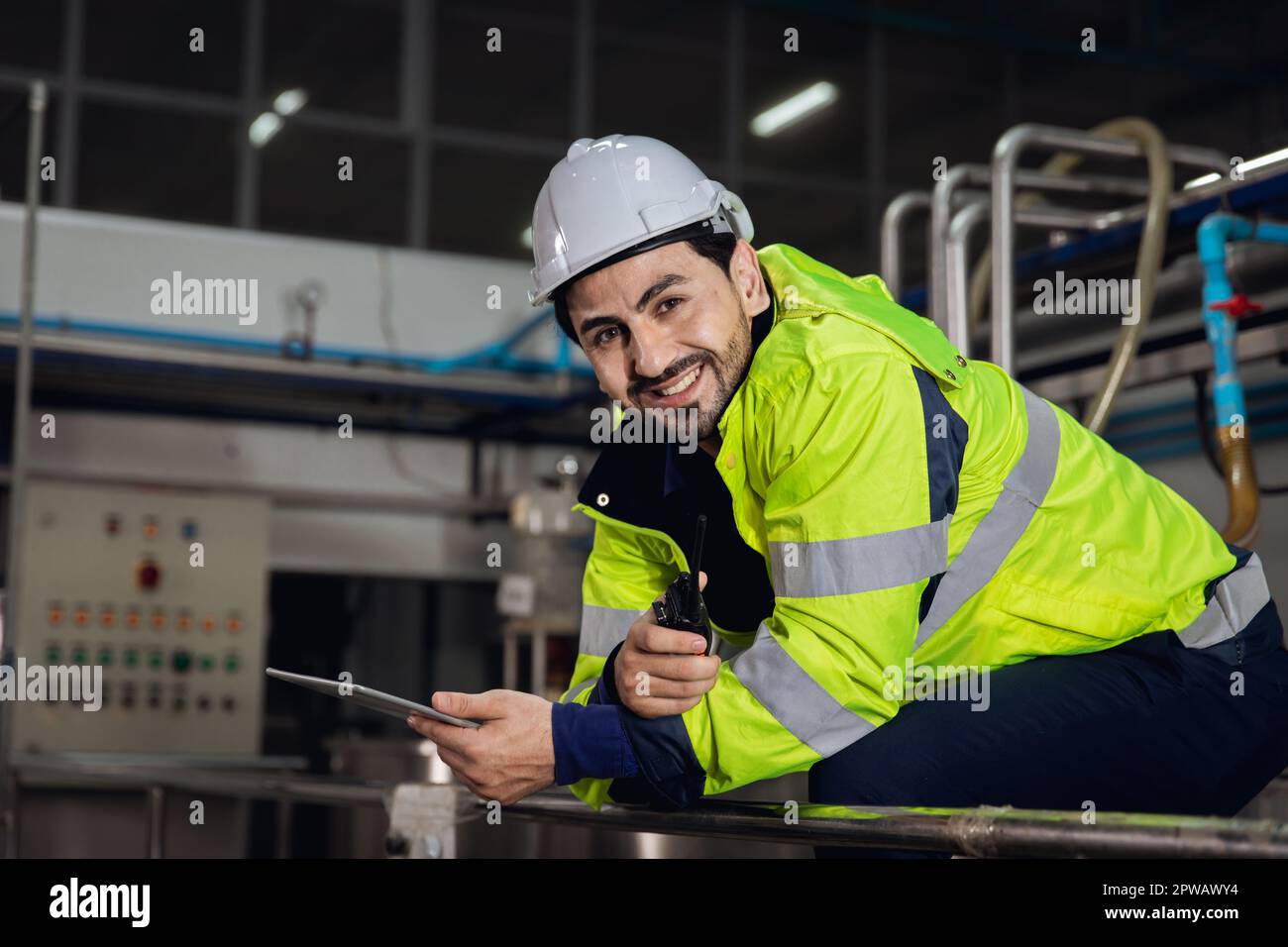 portrait happy engineer factory worker foreman supervisor working in ...