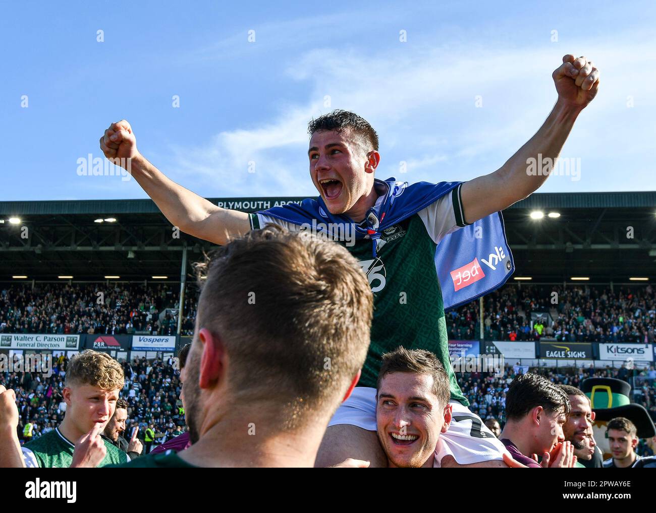 Adam Randell #20 of Plymouth Argyle celebrates Promotion at full time ...