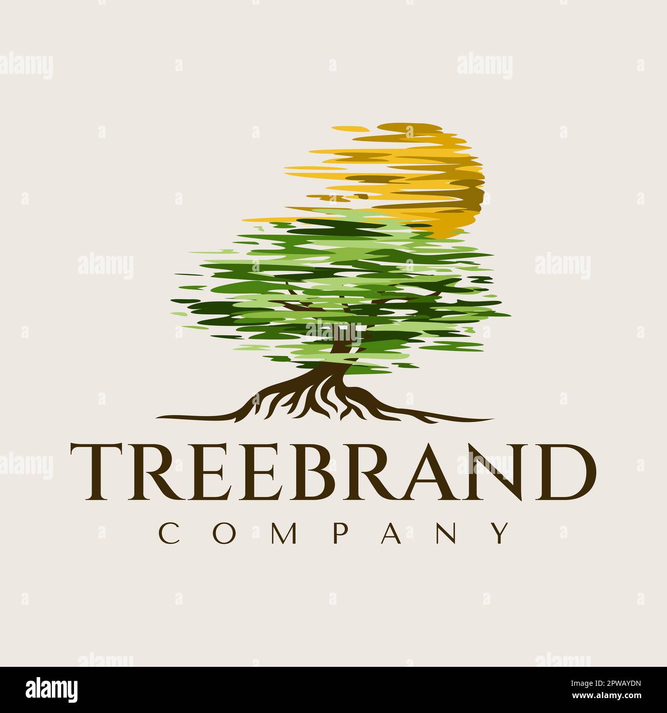 Colorful stroke paint of sun over the tree logo design. Vintage natural ...