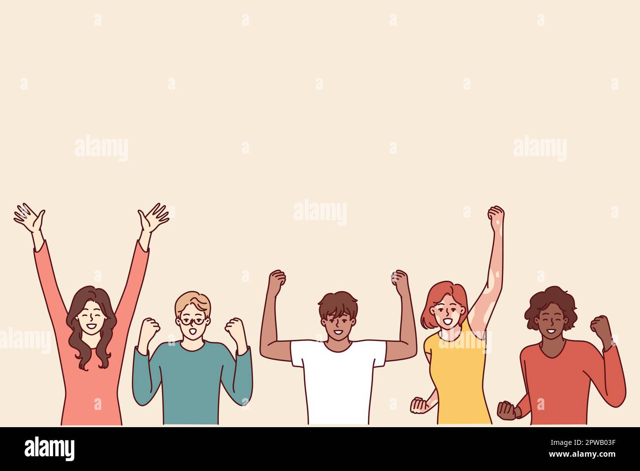 Delighted diverse people making victory gestures with hands enjoying ...