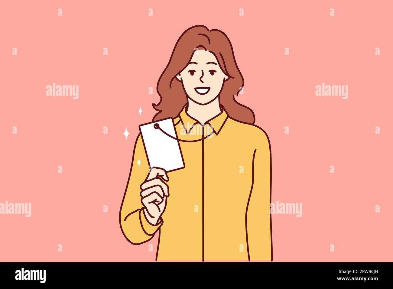 Successful woman office worker demonstrates badge or ID card hanging ...