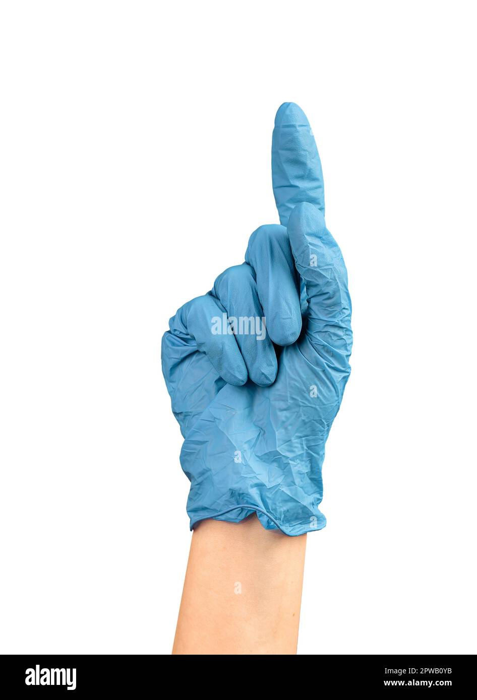 Doctor hand in blue glove pointing up, gesturing, isolated on white ...