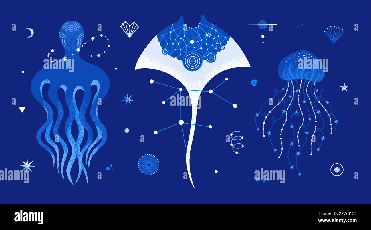 Vector set of cosmic underwater life. Isolated textured stingray ...