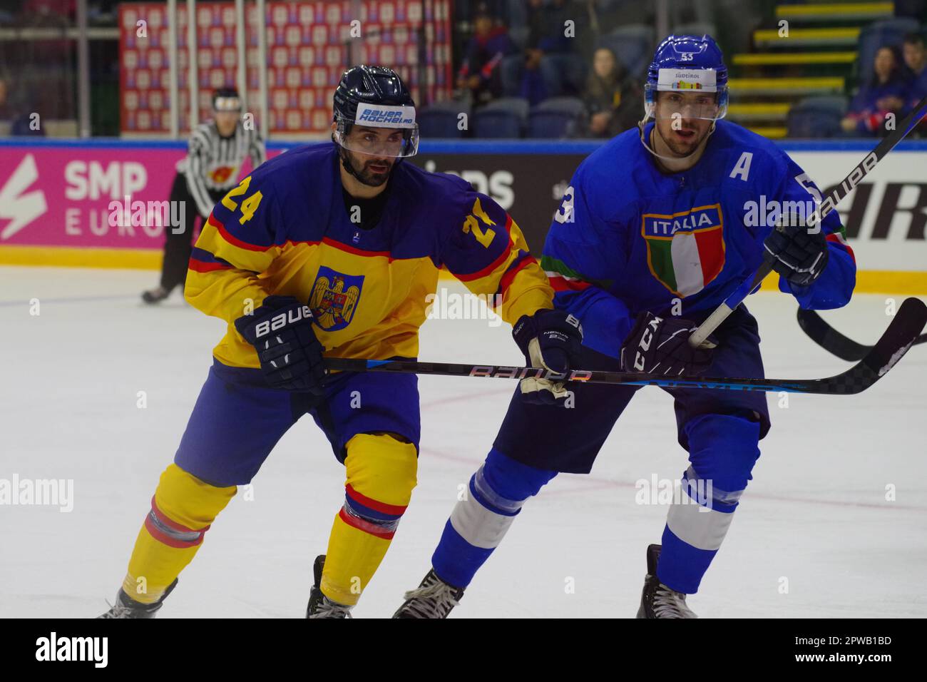 Nottingham, 29 April 2023. Zsombor Molnar playing for Romania and Alex ...
