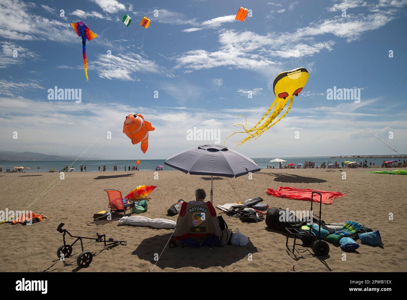 Malaga, Spain. 29th Apr, 2023. A general view of kites floating during ...