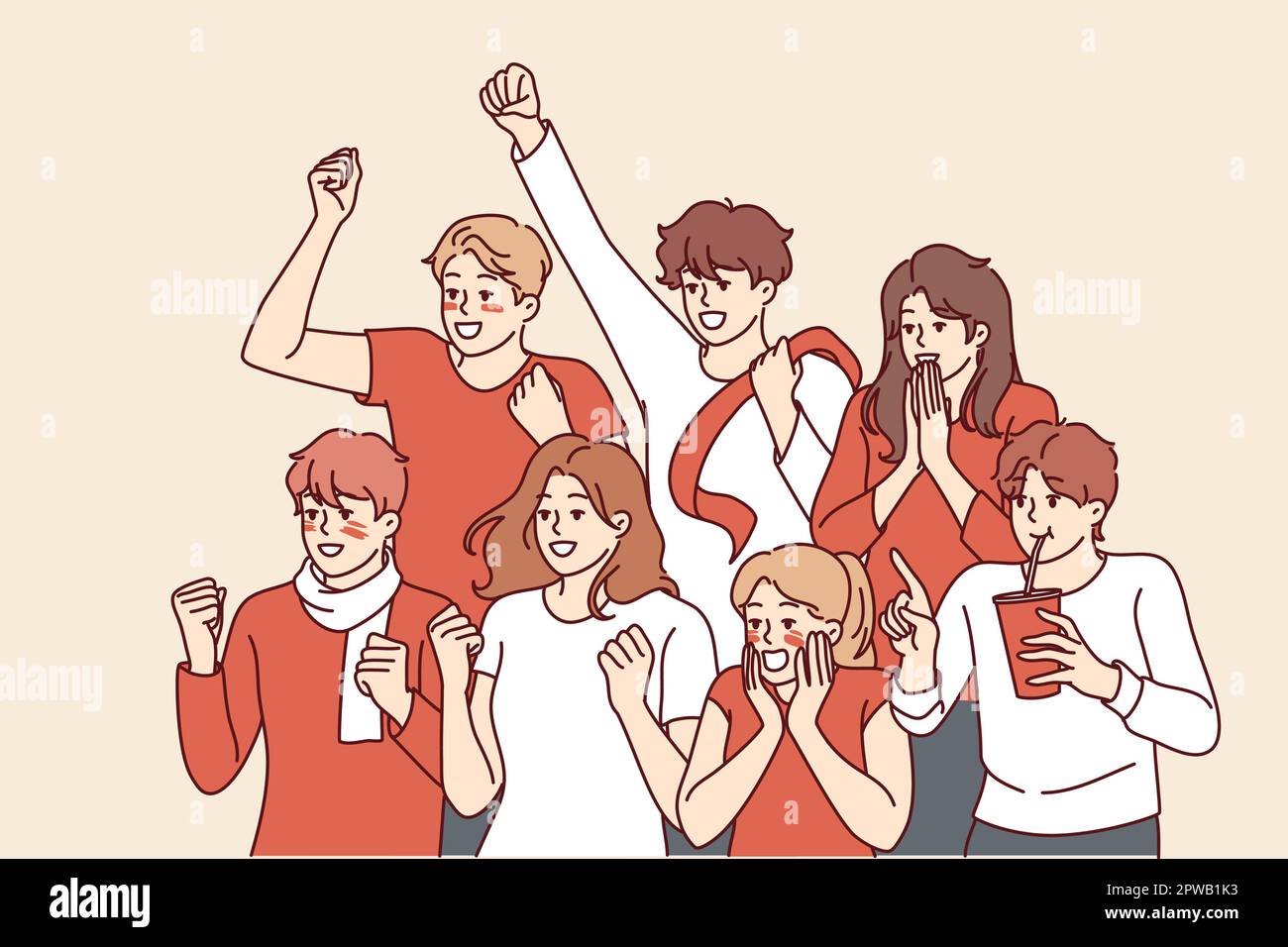 Men and women baseball fans shout and wave hands to support athletes ...