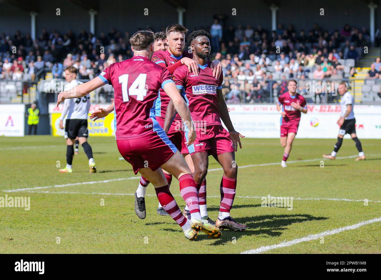 Dover, UK. 29th Apr, 2023. Ahkeem Rose of Weymouth scores a GOAL 0-2 ...