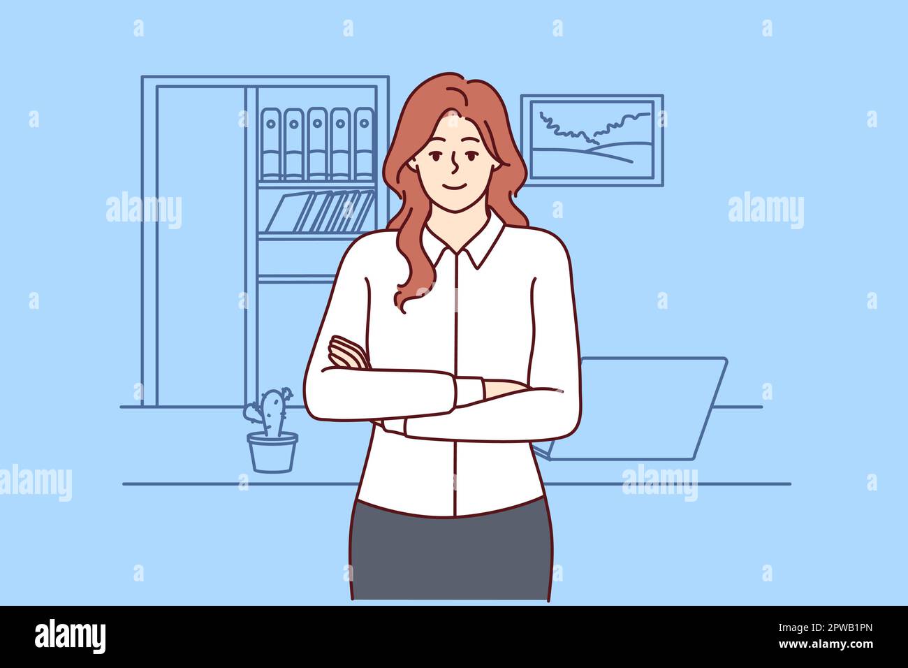 Successful woman office worker stands with arms crossed near desktop ...