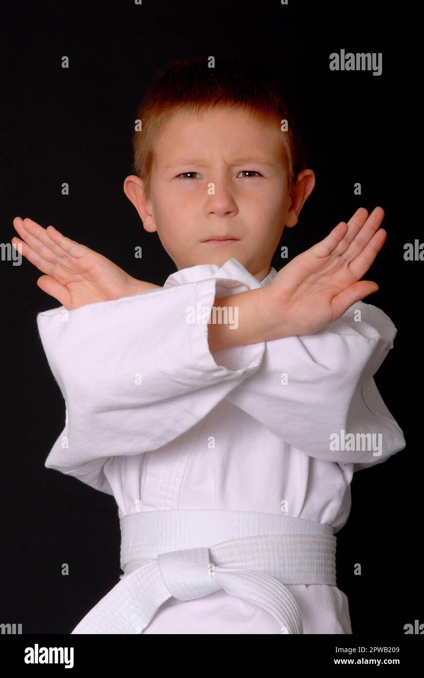 Young boy in karate outfit making fighting movement Stock Photo - Alamy