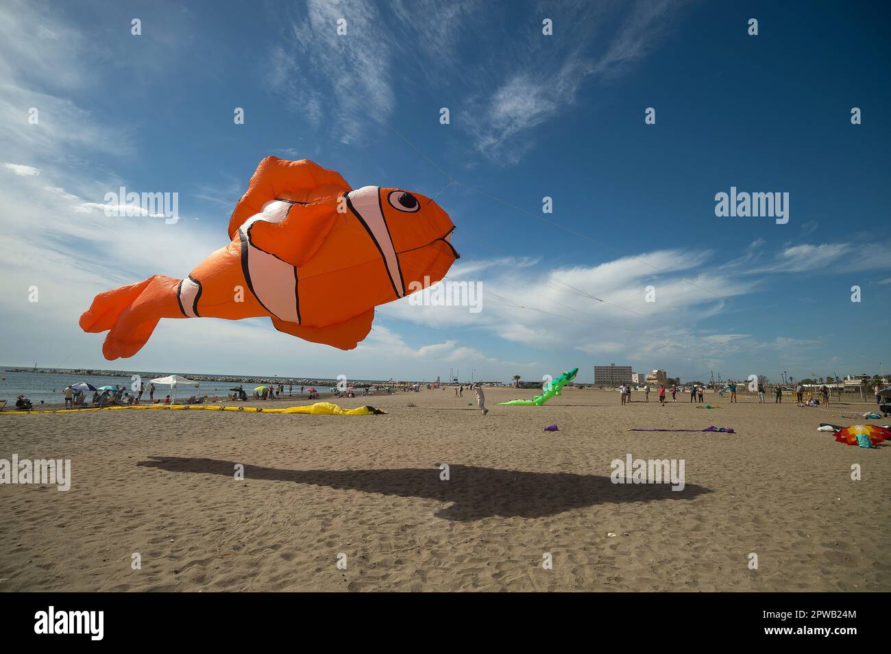 Malaga, Spain. 29th Apr, 2023. A kite depicting a clownfish is seen ...