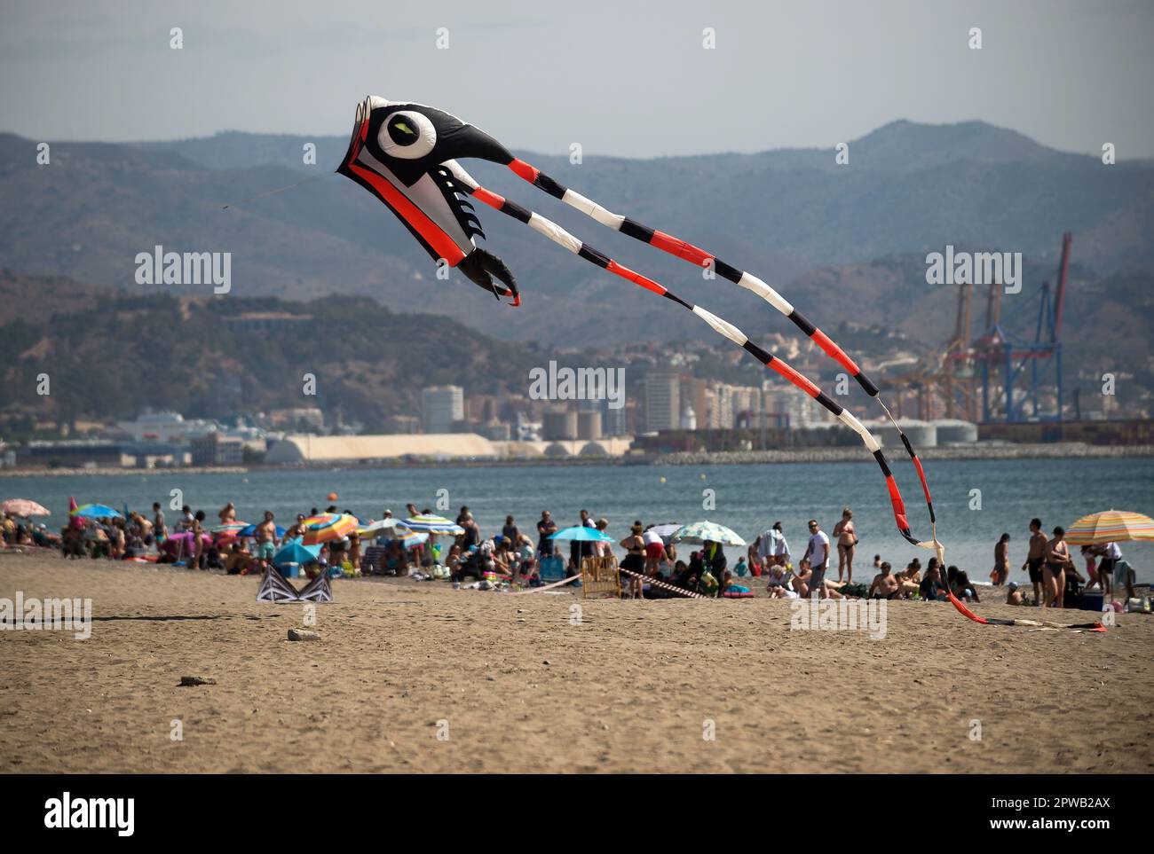 Malaga, Spain. 29th Apr, 2023. A kite is seen floating as bathers ...