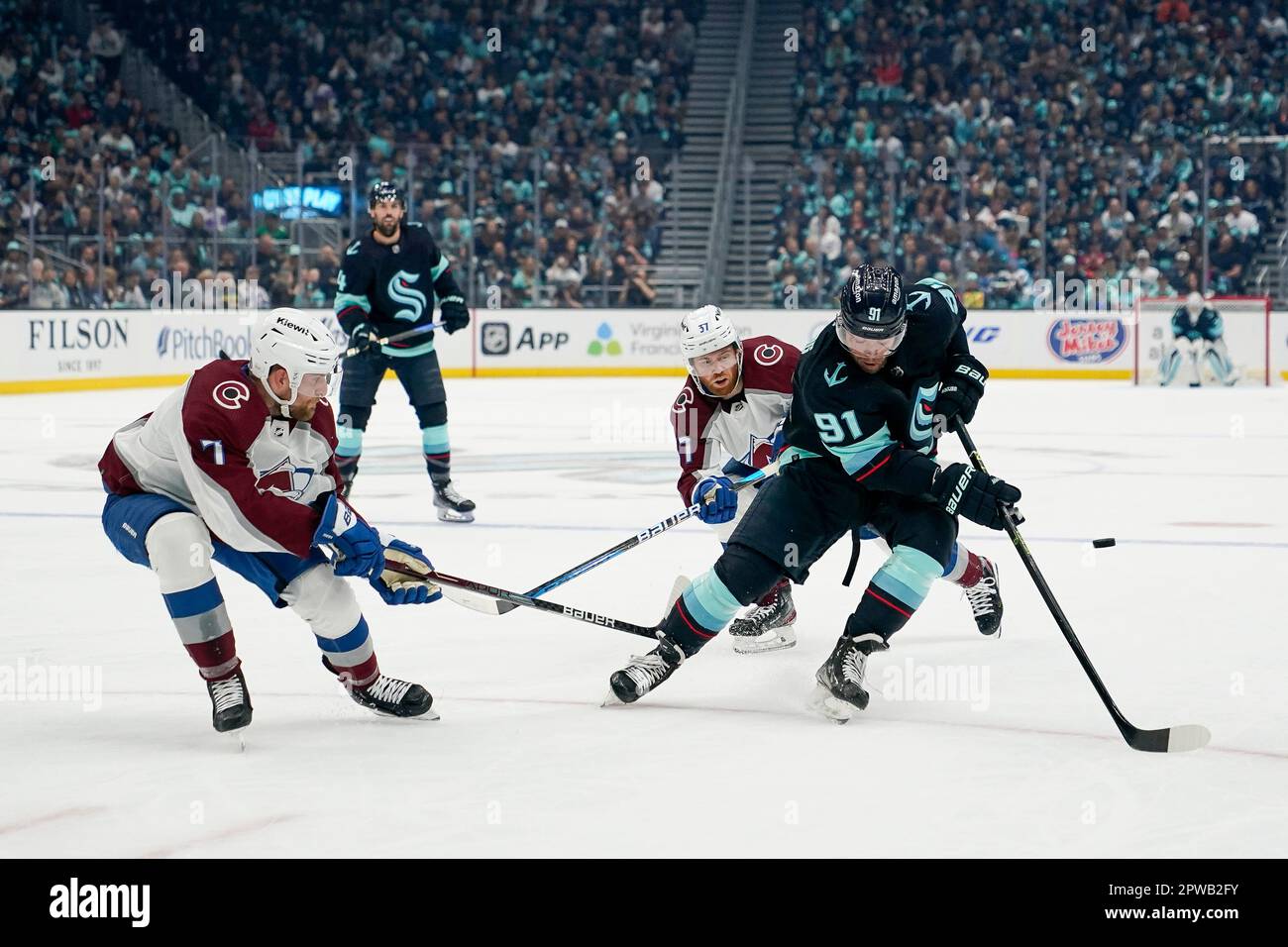 Colorado Avalanche defenseman Devon Toews (7) defends against Seattle ...