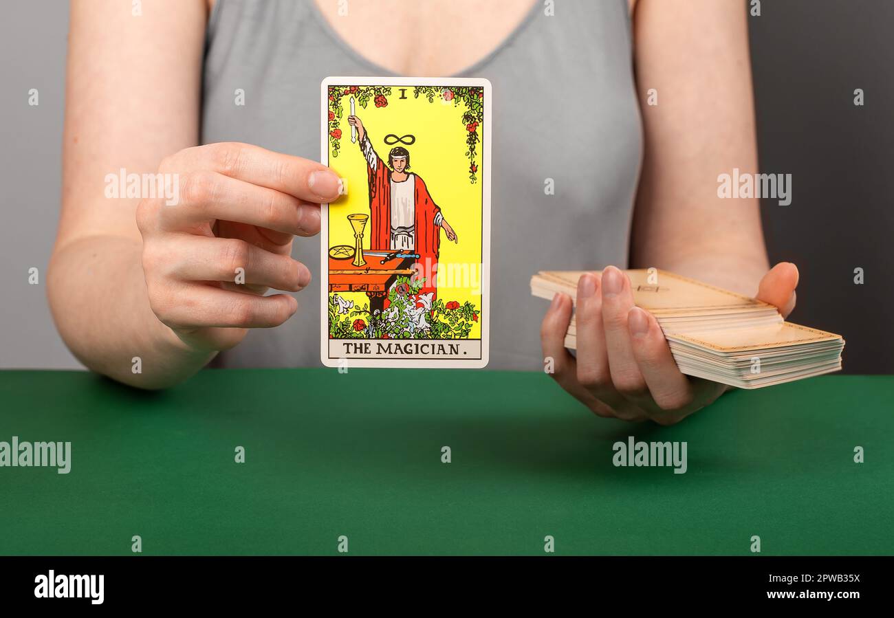 Lodz Poland April 15 2023 Magician arcana, hand holding showing tarot ...