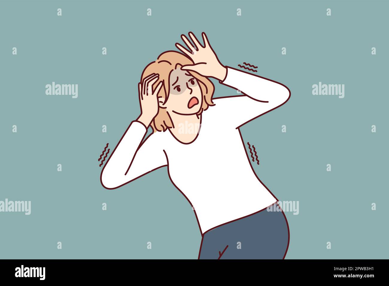 Frightened woman panicking and trying to dodge covering head with hands ...
