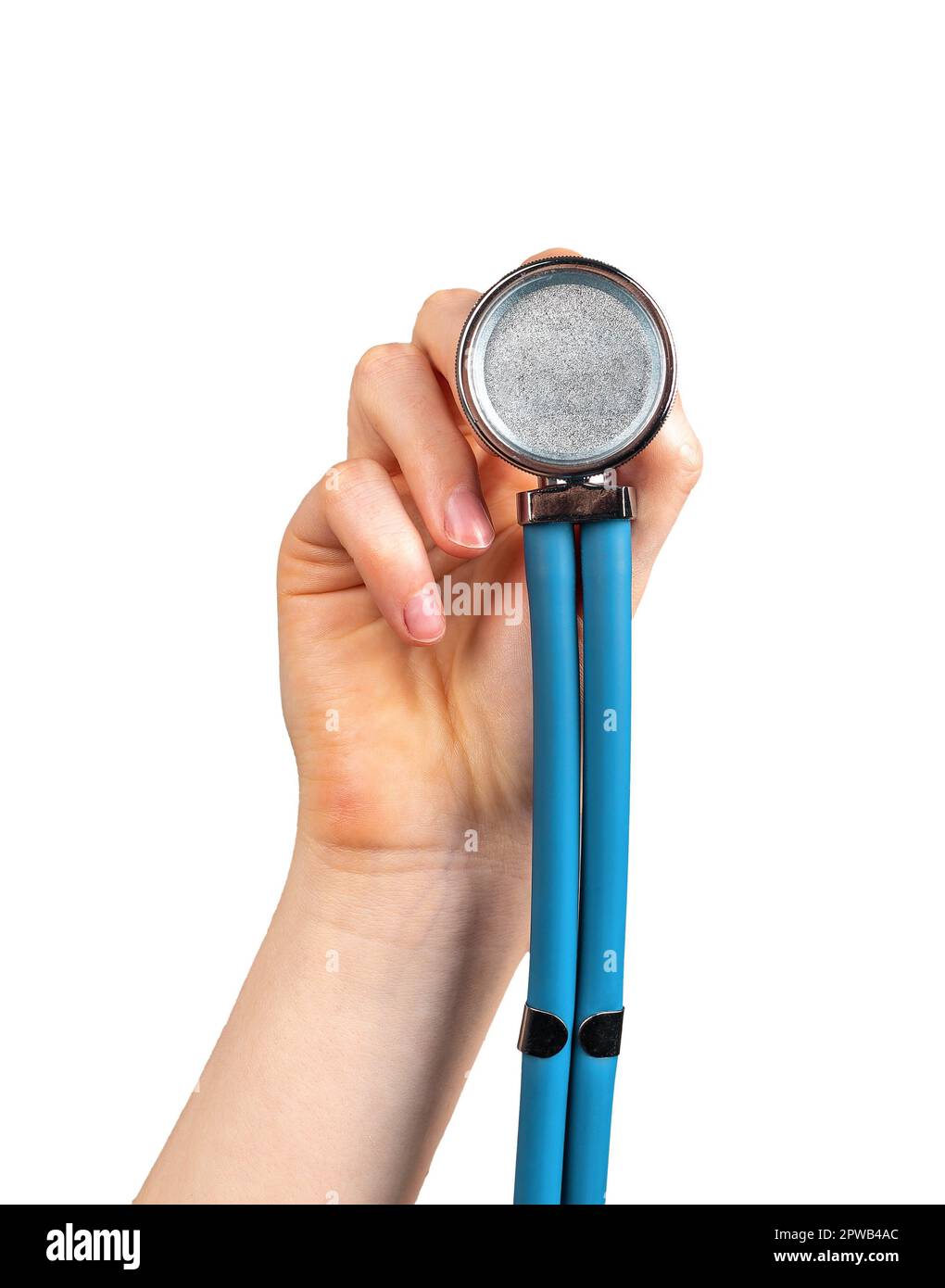 Doctor hand holding stethoscope close up, isolated on white background ...