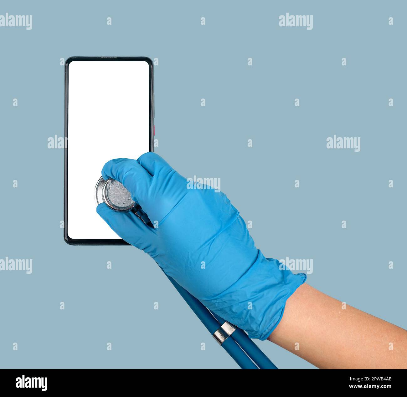 Doctor hand listening mobile phone screen mock-up with stethoscope ...