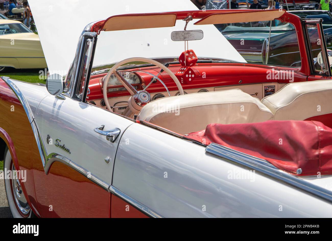 Closeup of a 1955 Ford Sunliner convertible automobile on display at a ...