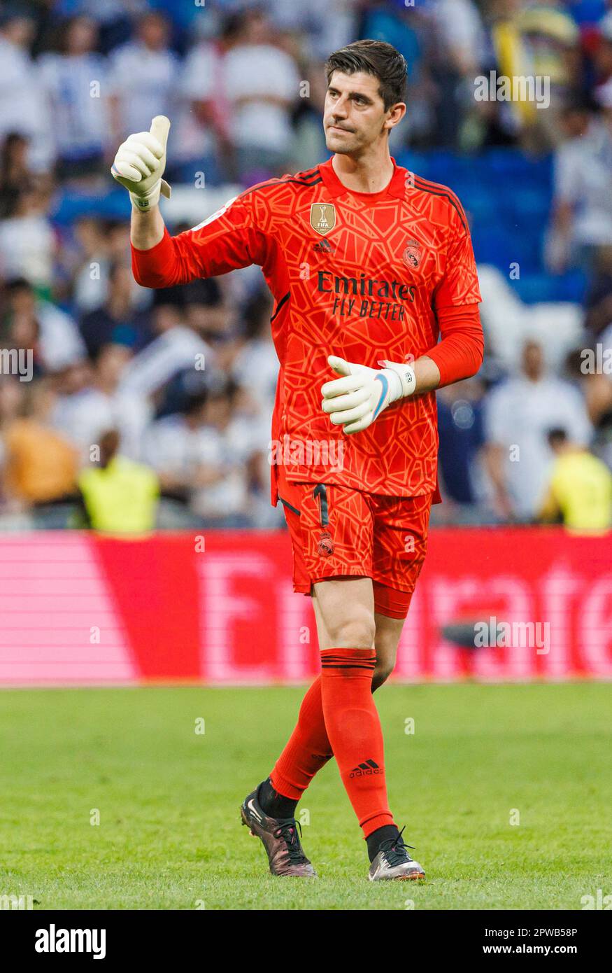 Real Madrid's goalkeeper Thibaut Courtois gives the thumbs-up at the ...