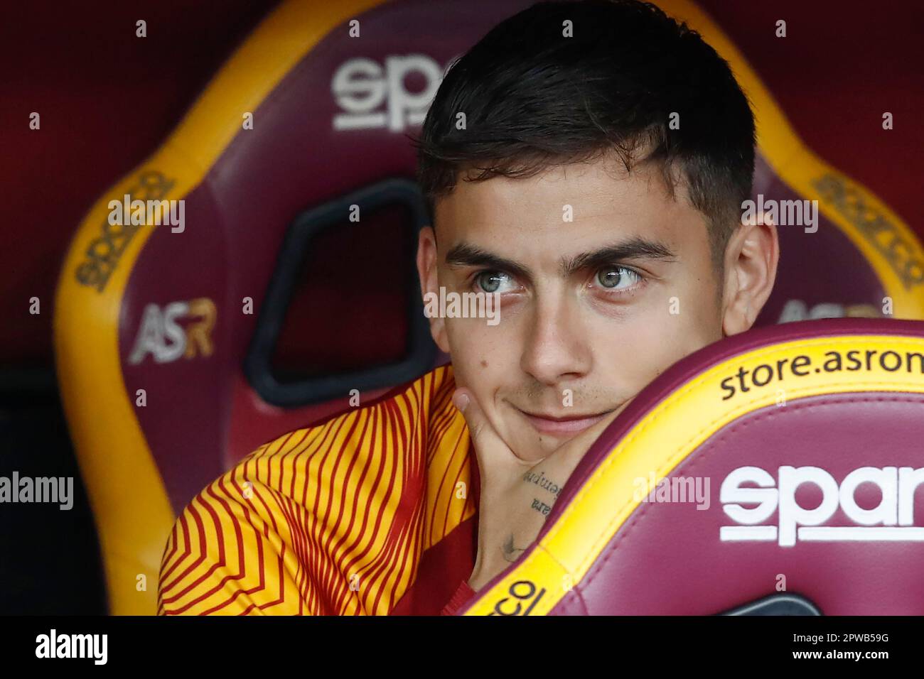 Rome, Italy. 29th Apr, 2023. Paulo Dybala, of AS Roma, sits on the bench before the start of the ...