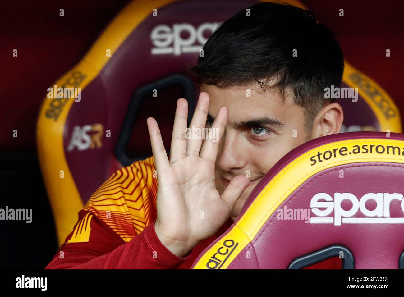 Rome, Italy. 29th Apr, 2023. Paulo Dybala, of AS Roma, sits on the bench before the start of the ...