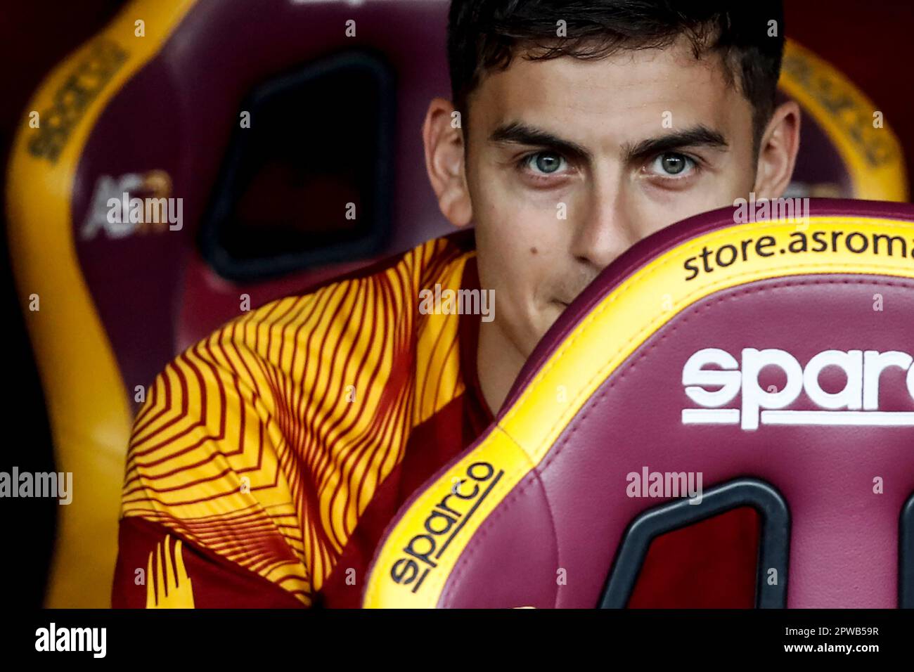 Rome, Italy. 29th Apr, 2023. Paulo Dybala, of AS Roma, sits on the bench before the start of the ...