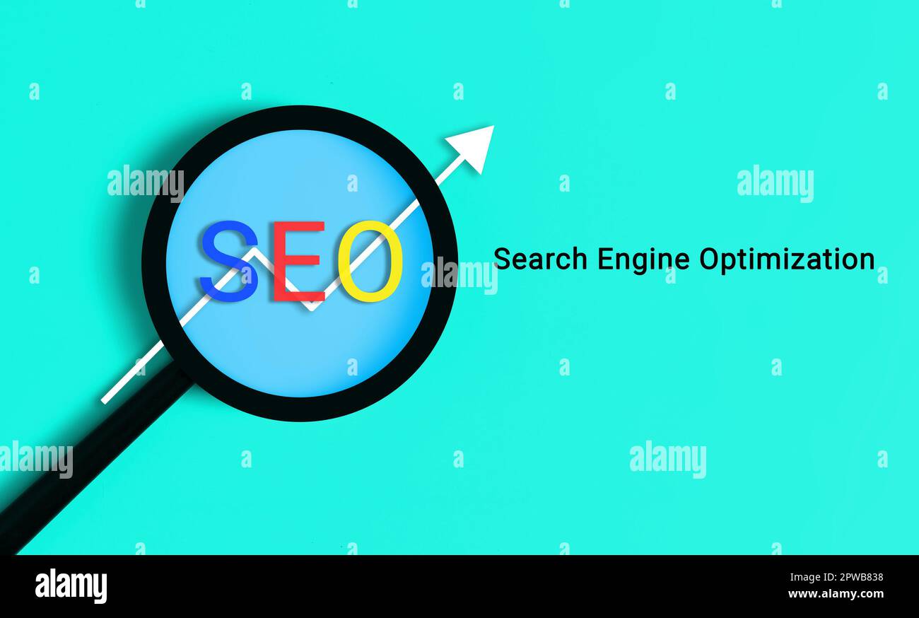 SEO, Search engine optimization ranking, Magnifying glass with arrows ...
