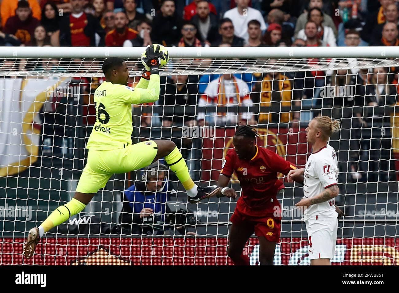 Rome, Italy. 29th Apr, 2023. Mike Maignan, left, goalkeeper of AC Milan ...