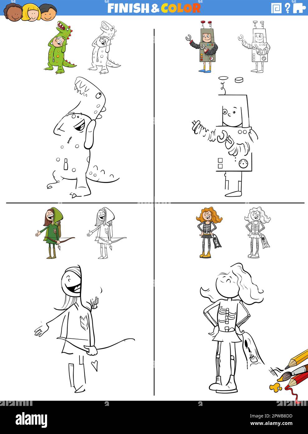 drawing and coloring worksheets set with children in costumes Stock ...