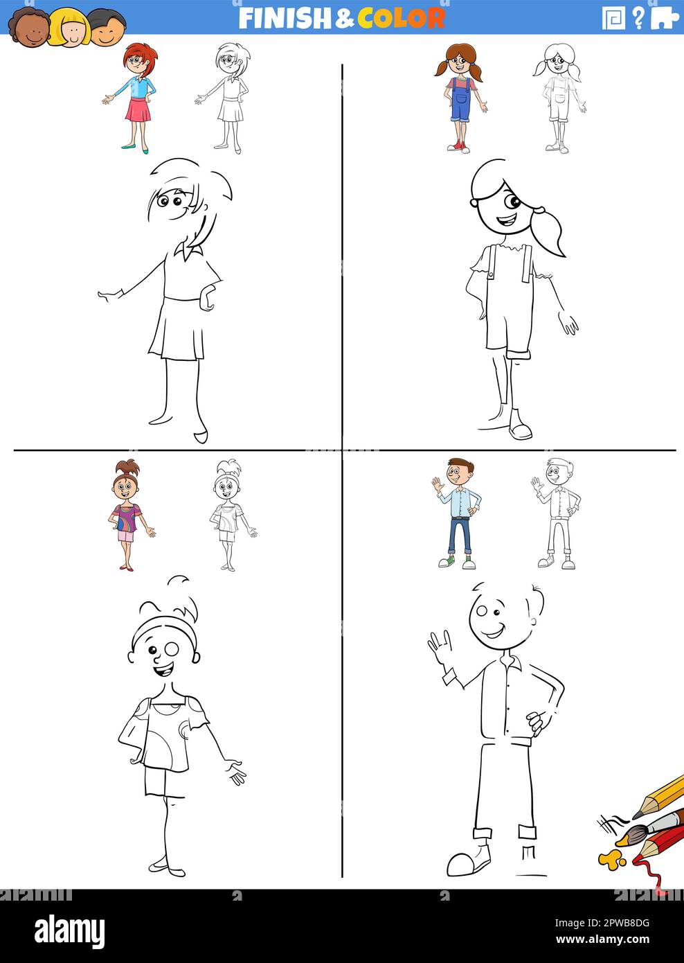 drawing and coloring worksheets set with kids characters Stock Vector ...