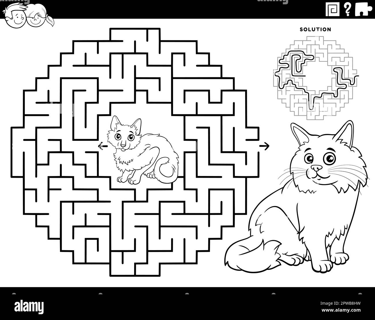 maze with cartoon cats animal characters coloring page Stock Vector ...
