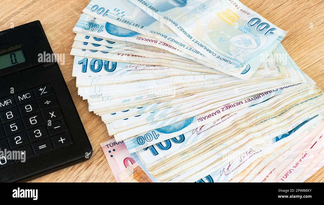 Turkish lira banknotes and calculator. Accounting concept Stock Photo ...