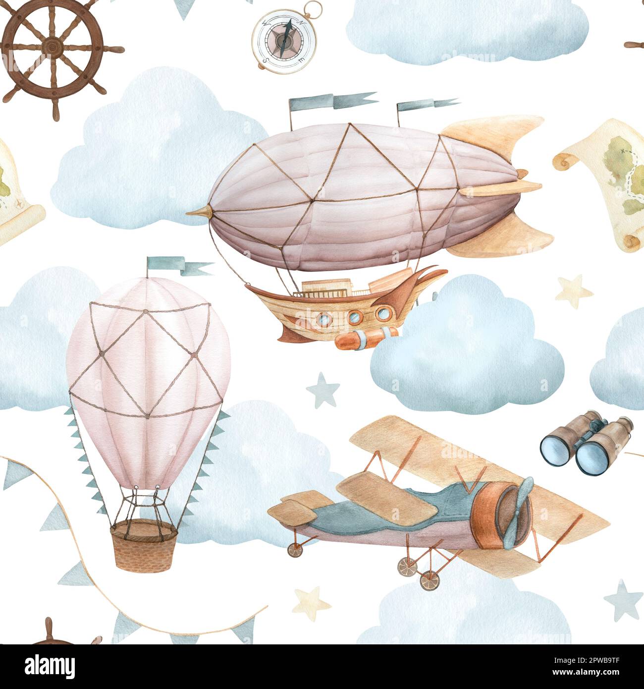 Watercolor seamless pattern with vintage cute fairy tale cartoon clouds ...