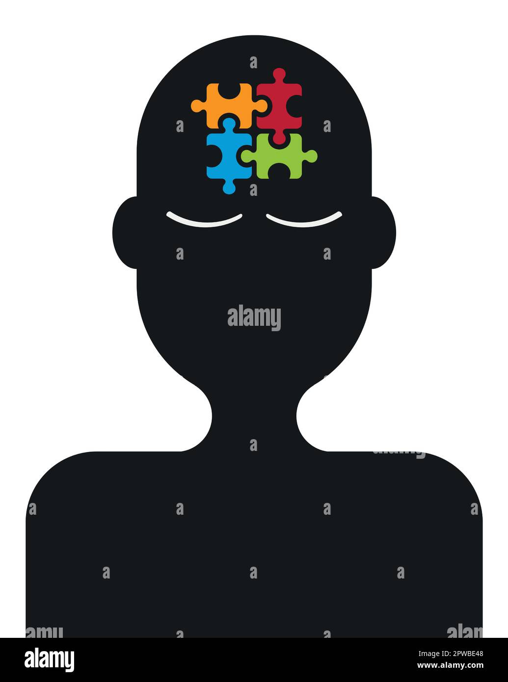Silhouette of autistic person, his mind is represented with a puzzle of ...