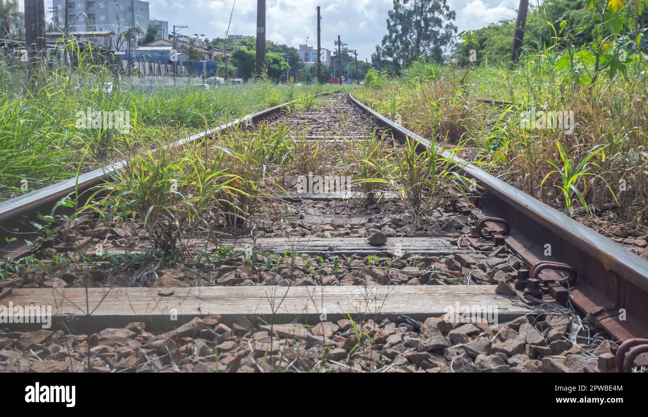 Abandoned train track with vegetation dominating the territory, sunny ...