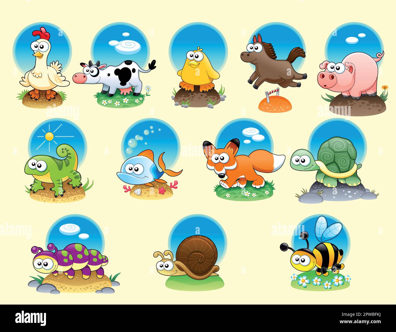 Cartoon animals and pets. Funny vector characters with background Stock ...